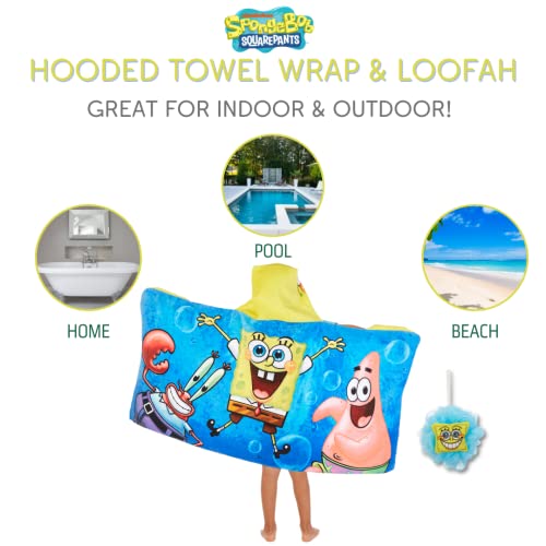 Franco Spongebob Squarepants Kids Bath/Pool/Beach Soft Cotton Terry Hooded Towel Wrap and loofah Set, 24 in x 50 in (Official Nickelodeon Product)