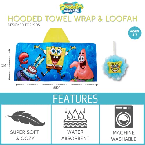 Franco Spongebob Squarepants Kids Bath/Pool/Beach Soft Cotton Terry Hooded Towel Wrap and loofah Set, 24 in x 50 in (Official Nickelodeon Product)