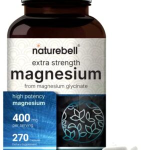 NatureBell Magnesium Glycinate 400mg (Elemental), 270 Capsules – 100% Chelated for Max Absorption | Non-GMO & No Gluten, Bioavailable Mineral Supplement for Muscle, Joint, Enzyme, & Heart Health