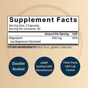 NatureBell Magnesium Glycinate 400mg (Elemental), 270 Capsules – 100% Chelated for Max Absorption | Non-GMO & No Gluten, Bioavailable Mineral Supplement for Muscle, Joint, Enzyme, & Heart Health