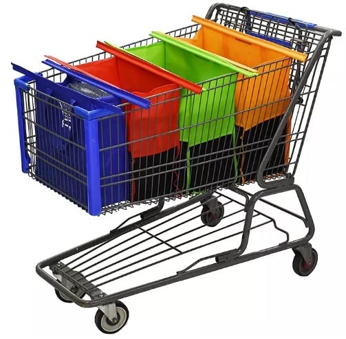 ISJ Co Trolley Bags for Shopping Cart, Set of 4 Reusable Bags (Orange, Green, Blue and Red)