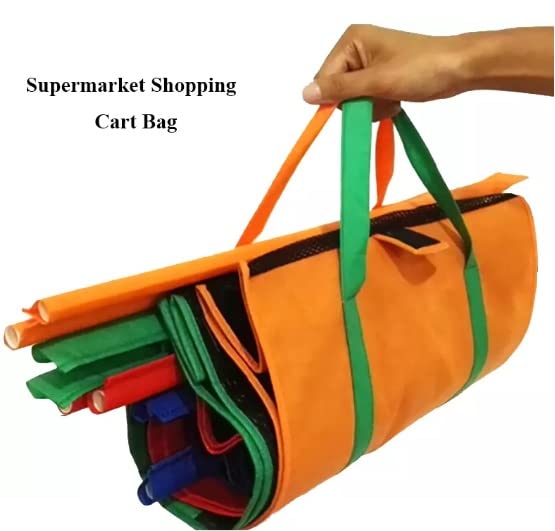 ISJ Co Trolley Bags for Shopping Cart, Set of 4 Reusable Bags (Orange, Green, Blue and Red)