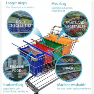 ISJ Co Trolley Bags for Shopping Cart, Set of 4 Reusable Bags (Orange, Green, Blue and Red)