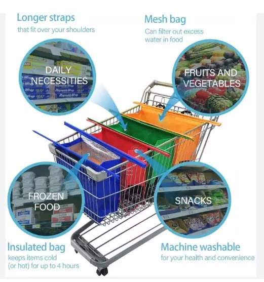 ISJ Co Trolley Bags for Shopping Cart, Set of 4 Reusable Bags (Orange, Green, Blue and Red)