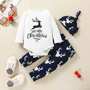 LYQTloml My Frist Christmas Baby Girl Boy Clothes Cute Newborn Baby Boys Christmas Reindeer Romper Outfit + Pants 3PCS With Hat