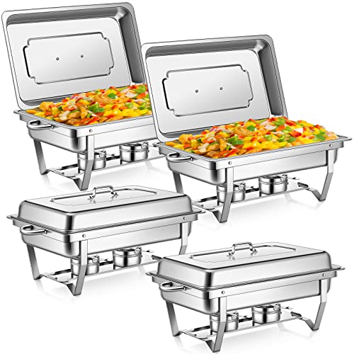 4 Pack Full Size Stainless Steel Chafing Dishes 8 Quart Chafing Dish Buffet Set Silver Rectangular Catering Chafer Warmer with Food Tray Lid and Fuel Holder for Buffet Banquet Party Catering Supplies