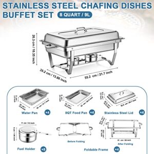 4 Pack Full Size Stainless Steel Chafing Dishes 8 Quart Chafing Dish Buffet Set Silver Rectangular Catering Chafer Warmer with Food Tray Lid and Fuel Holder for Buffet Banquet Party Catering Supplies