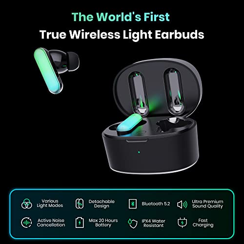 HHOGene Gpods RGB Wireless Earbuds with Led Light Control, Noise Cancelling Bluetooth Earphones in Ear with Fast Charging Case, IPX4 Sweatproof Sport Gaming Hiking Traveling for iPhone & Android Black