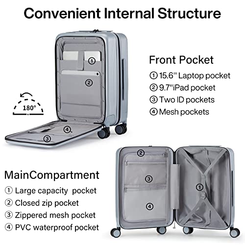 Hanke 20 Inch Carry On Luggage Hard Shell Suitcases with Wheels Lightweight Travel Luggage for Weekender Suitcase with Lock Rolling Luggage with Front Pocket(Grey)