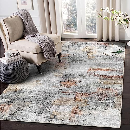 vivorug Washable Rug, Ultra Soft Area Rug 6x9, Non Slip Abstract Rug Foldable, Stain Resistant Rugs for Living Room Bedroom, Modern Fuzzy Rug (Gray/Rust, 6'x9')