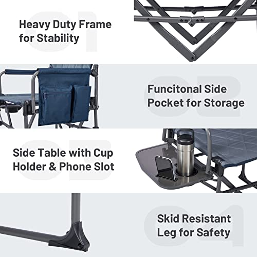 TIMBER RIDGE Heavy Duty Camping Chair with Compact Size, Portable Directors Chair with Side Table and Pocket for Camping, Lawn, Sports and Fishing, Supports Up to 350lbs, Navy