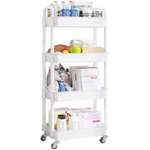 udear 4-tier rolling utility cart with 12 category labels,multifunctional storage shelves with handle and lockable wheels for room,office,kitchen,bathroom,white