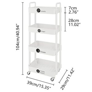 UDEAR 4-Tier Rolling Utility Cart with 12 Category Labels,Multifunctional Storage Shelves with Handle and Lockable Wheels for Room,Office,Kitchen,Bathroom,White