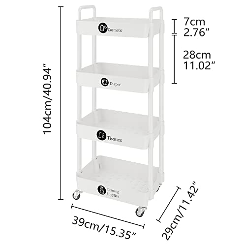 UDEAR 4-Tier Rolling Utility Cart with 12 Category Labels,Multifunctional Storage Shelves with Handle and Lockable Wheels for Room,Office,Kitchen,Bathroom,White