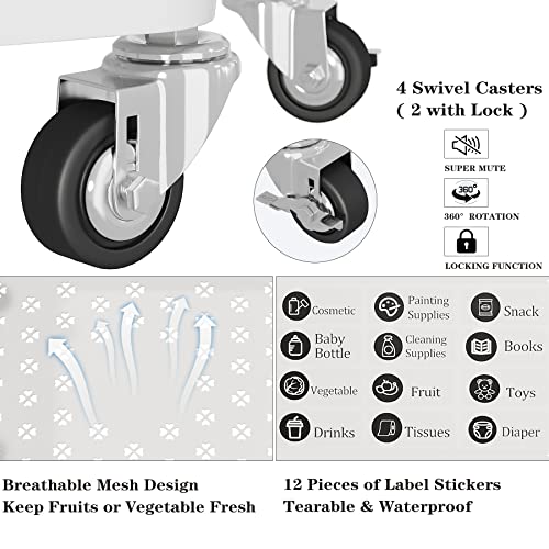 UDEAR 4-Tier Rolling Utility Cart with 12 Category Labels,Multifunctional Storage Shelves with Handle and Lockable Wheels for Room,Office,Kitchen,Bathroom,White