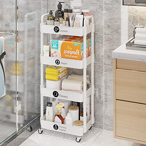 UDEAR 4-Tier Rolling Utility Cart with 12 Category Labels,Multifunctional Storage Shelves with Handle and Lockable Wheels for Room,Office,Kitchen,Bathroom,White