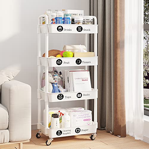 UDEAR 4-Tier Rolling Utility Cart with 12 Category Labels,Multifunctional Storage Shelves with Handle and Lockable Wheels for Room,Office,Kitchen,Bathroom,White