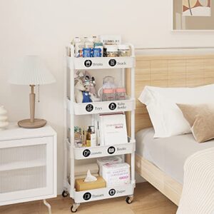 UDEAR 4-Tier Rolling Utility Cart with 12 Category Labels,Multifunctional Storage Shelves with Handle and Lockable Wheels for Room,Office,Kitchen,Bathroom,White