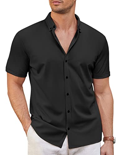 COOFANDY Casual Dress for Men Short Sleeve Button Up Summer Beach Shirts Wrinkle Free Black