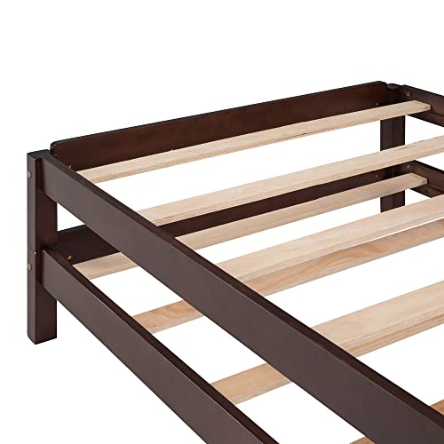 Solid Platform Bed Twin Size Wood Stackable Twin Beds with Wooden Slats Convertible Floorbed Frame Without Headboard for Girls Boys Teens, No Box Spring Needed – Two Beds Set (Walnut)