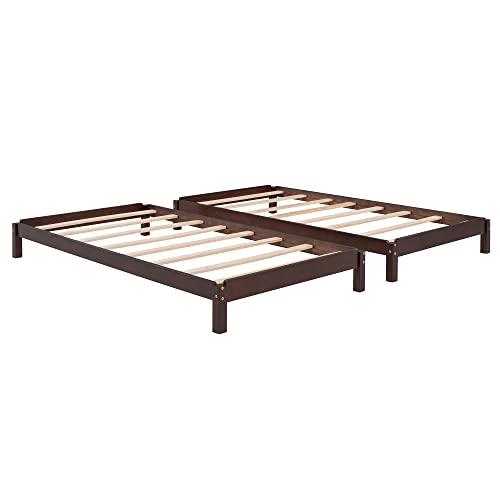 Solid Platform Bed Twin Size Wood Stackable Twin Beds with Wooden Slats Convertible Floorbed Frame Without Headboard for Girls Boys Teens, No Box Spring Needed – Two Beds Set (Walnut)