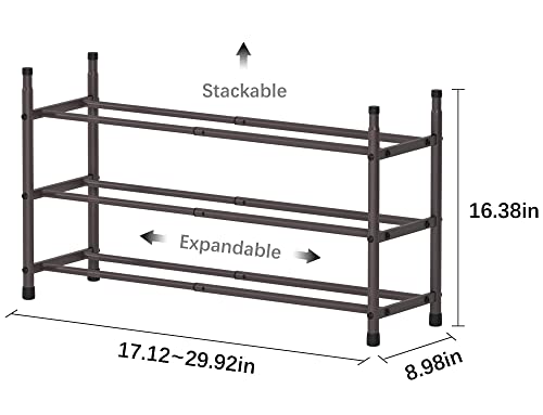 TZAMLI 3-Tier Stackable Closet Shoe Rack Organizer, Expandable and Adjustable Metal Shoes Shelf Storage Small Shoe Rack for Entryway Dorm, Brown