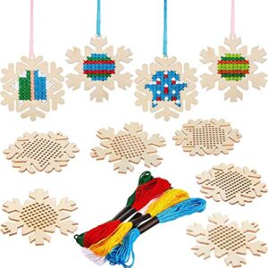 10 pcs Christmas Wooden Cross Stitch Kits Cross Stitch Wood Ornaments Christmas Hanging Decors Craft Christmas Decorations for Christmas Tree Decoration Supplies (Snowflake Style)