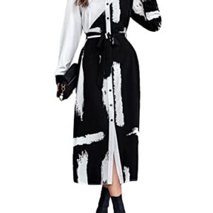 WDIRARA Women's Colorblock Brush Print Button Front Long Sleeve Belted Maxi Shirt Dress Black and White M