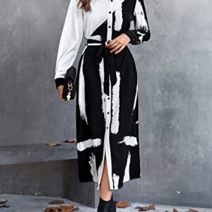 WDIRARA Women's Colorblock Brush Print Button Front Long Sleeve Belted Maxi Shirt Dress Black and White M