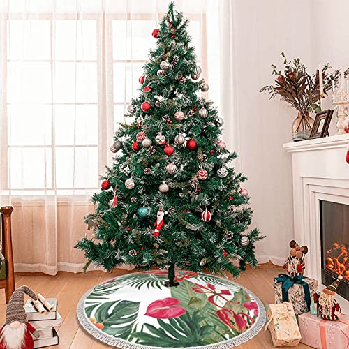 Christmas Tree Skirt 30" - Summer Hawaiian Printed Tree Skirt with Tassel Xmas Tree Decoration for Christmas Holiday