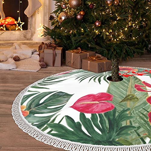 Christmas Tree Skirt 30" - Summer Hawaiian Printed Tree Skirt with Tassel Xmas Tree Decoration for Christmas Holiday