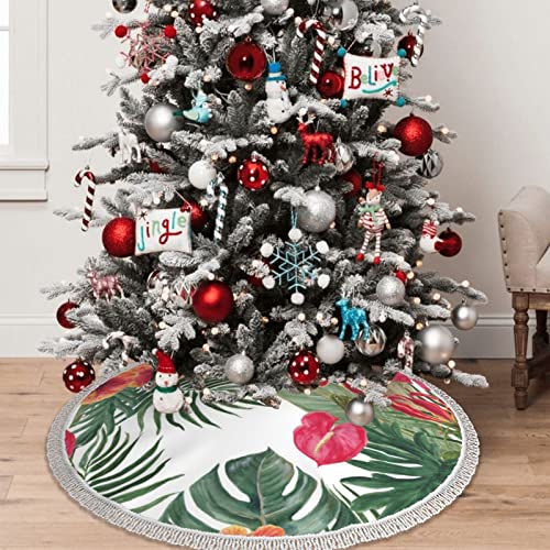 Christmas Tree Skirt 30" - Summer Hawaiian Printed Tree Skirt with Tassel Xmas Tree Decoration for Christmas Holiday