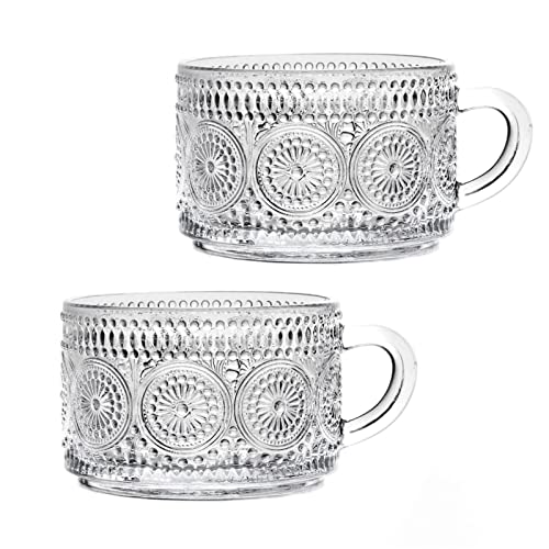 Amzcku Vintage Coffee Tea Cups, Glass Mugs 14 Oz Set of 2 Embossed Glassware with Handle, for Cappuccino, Latte, Cereal, Yogurt, Beverage Hot/Cold, Milk