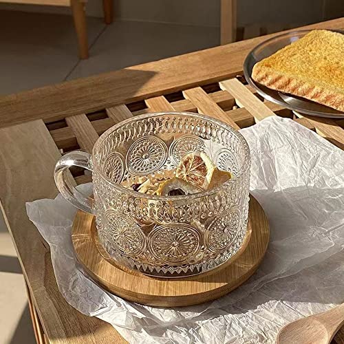 Amzcku Vintage Coffee Tea Cups, Glass Mugs 14 Oz Set of 2 Embossed Glassware with Handle, for Cappuccino, Latte, Cereal, Yogurt, Beverage Hot/Cold, Milk