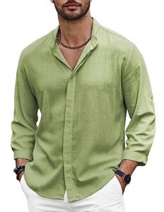 coofandy linen shirts casual men lightweight beach shirts long sleeve summer button up shirt green