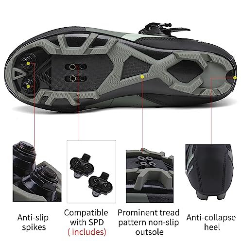 Kyedoo Mountain Bike Shoes Mens Cycling Shoes MTB Shoes Quick Ratchet Buckle Compatible with SPD System Pedal for Indoor and Outdoor Mountain Road Biking Riding (SPD Clips Includes) Green Size 10.5