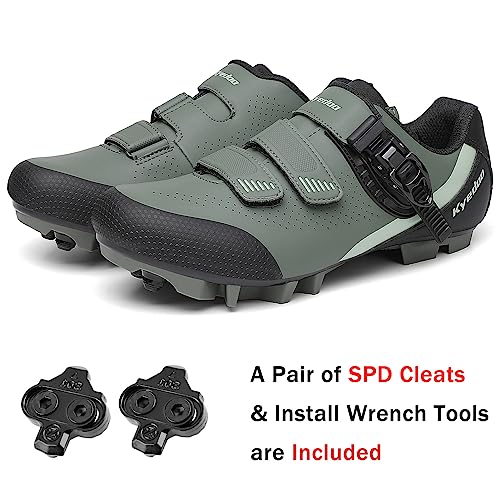 Kyedoo Mountain Bike Shoes Mens Cycling Shoes MTB Shoes Quick Ratchet Buckle Compatible with SPD System Pedal for Indoor and Outdoor Mountain Road Biking Riding (SPD Clips Includes) Green Size 10.5