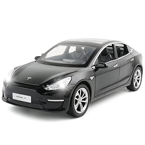 1/24 Diecast Model 3 Toy Car, Alloy Casting Pull Back Collectible Car Vehicles with Sound and Light, 6 Open Doors, Tesla Big Model 3 Car Model Toy for Kids Adults Birthday Gift (Black)