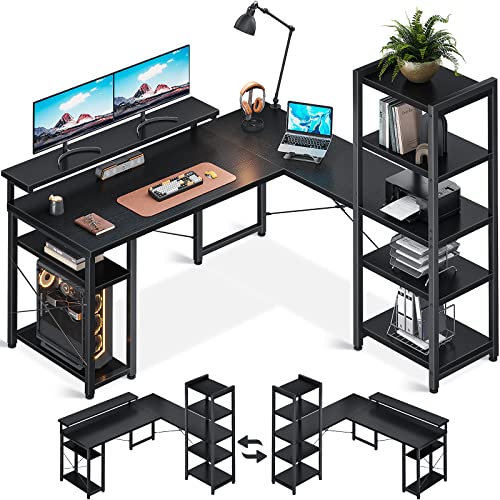 ODK L Shaped Desk with Monitor Stand, 54 Inch Home Office Desks with Storage Printer Shelves, Reversible Corner Gaming Desk with Bookshelf for Bedroom, Black