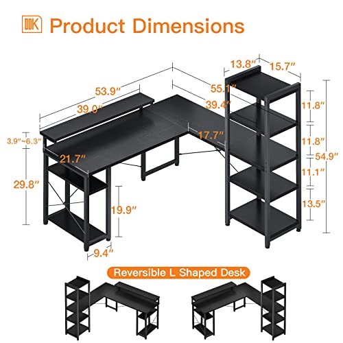 ODK L Shaped Desk with Monitor Stand, 54 Inch Home Office Desks with Storage Printer Shelves, Reversible Corner Gaming Desk with Bookshelf for Bedroom, Black