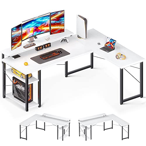 ODK L Shaped Gaming Desk, 61'' Corner Computer Desk with Monitor Stand & Storage Shelf, Sturdy Home Office Desk, Writing Desk Table, Work Desk, White