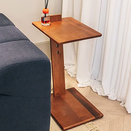 TZK Snack Side Table, C Shaped End Table for Sofa Couch and Bed, Adjustable Height Sofa Table for Small Spaces, Living Room, Bedroom, Boxwood Rustic Snack Table(Walnut)