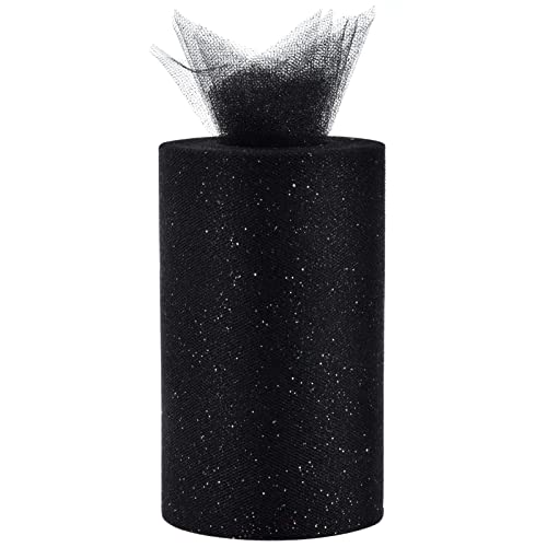 Glitter Tulle Rolls 6” by 50 Yards Sparkle Tulle Fabric Ribbon Sequin Tulle Netting Rolls for DIY Tutu Skirt Wedding Birthday Party Decoration (Black)