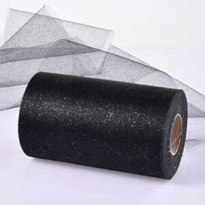 Glitter Tulle Rolls 6” by 50 Yards Sparkle Tulle Fabric Ribbon Sequin Tulle Netting Rolls for DIY Tutu Skirt Wedding Birthday Party Decoration (Black)