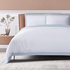 100% long-staple cotton duvet cover set (1 duvet cover, 2 pillow shams), from luxury bedding brand thecotton&silk, king size, white + misty blue