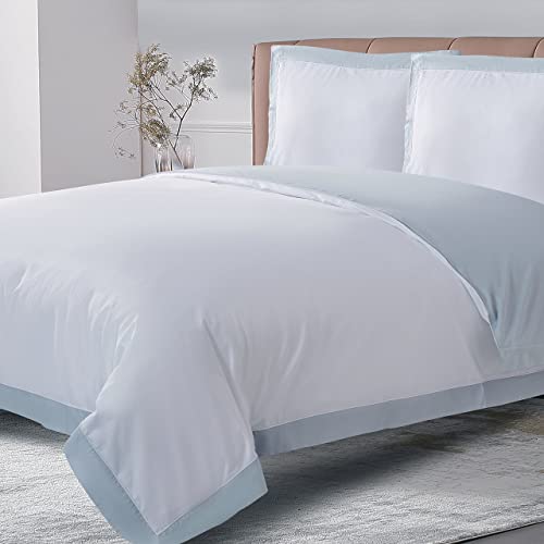 100% Long-Staple Cotton Duvet Cover Set (1 Duvet Cover, 2 Pillow Shams), from Luxury Bedding Brand TheCotton&Silk, King Size, White + Misty Blue