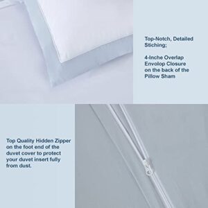 100% Long-Staple Cotton Duvet Cover Set (1 Duvet Cover, 2 Pillow Shams), from Luxury Bedding Brand TheCotton&Silk, King Size, White + Misty Blue