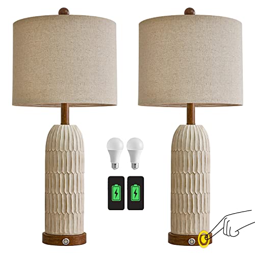 OYEARS 3-Way Dimmable Touch Control Table Lamp Set of 2 with Dual USB Charging Ports for Bedroom Living Room 26.5” Modern Farmhouse Bedside Lamps Nightstand Lamps(Bulbs Included)