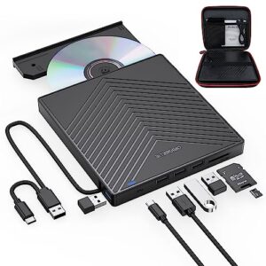 origbelie external cd dvd drive, ultra slim cd burner usb 3.0 with 4 usb ports and 2 tf/sd card slots, optical disk drive for laptop mac pc windows 11/10/8/7 linux os with carrying case