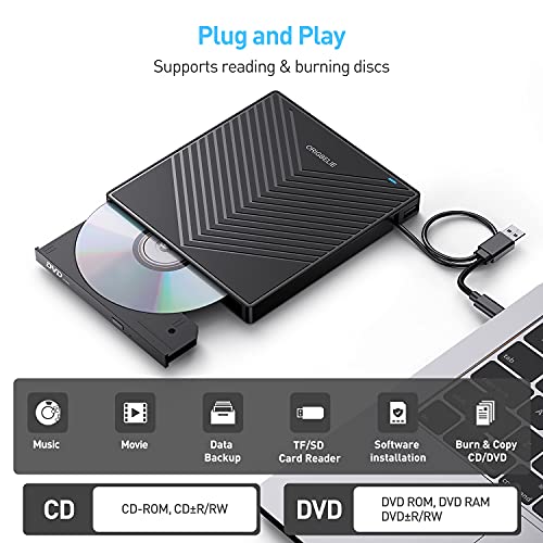 ORIGBELIE External CD DVD Drive, Ultra Slim CD Burner USB 3.0 with 4 USB Ports and 2 TF/SD Card Slots, Optical Disk Drive for Laptop Mac PC Windows 11/10/8/7 Linux OS with Carrying Case